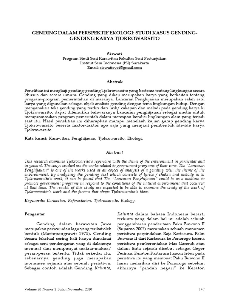 Gending Dalam Perspektif Ekologi: Studi Kasus Gending-Gending Karya Tjokrowarsito | PDF