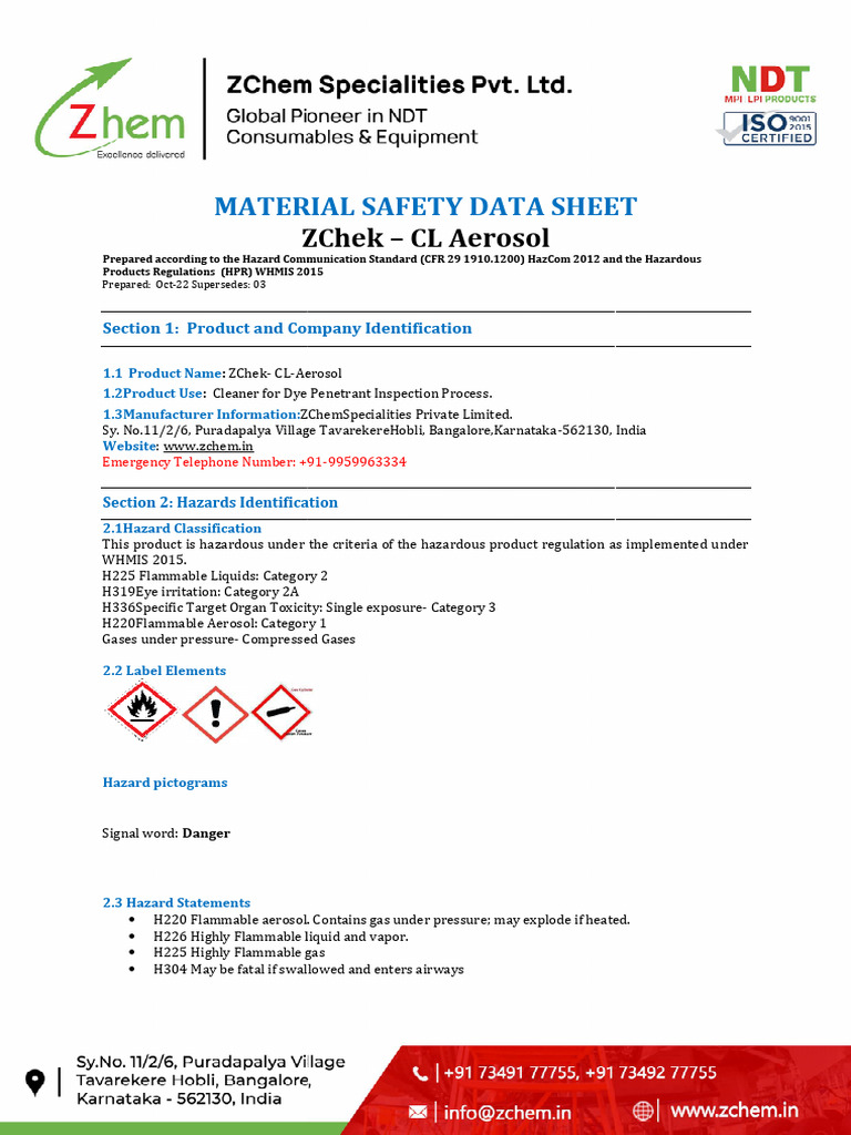 ZChek CL Aerosol MSDS | PDF | Dangerous Goods | Physical Sciences