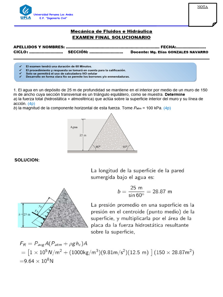SOLUCIONARIO EXAMEN FINAL Mecanica de Fluidos e Hidraulica | PDF | Tecnología