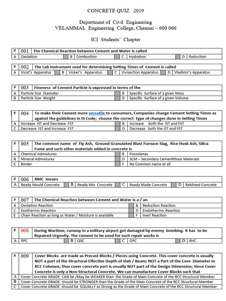 Civil Engineering Quiz 2019 | PDF | Concrete | Cement