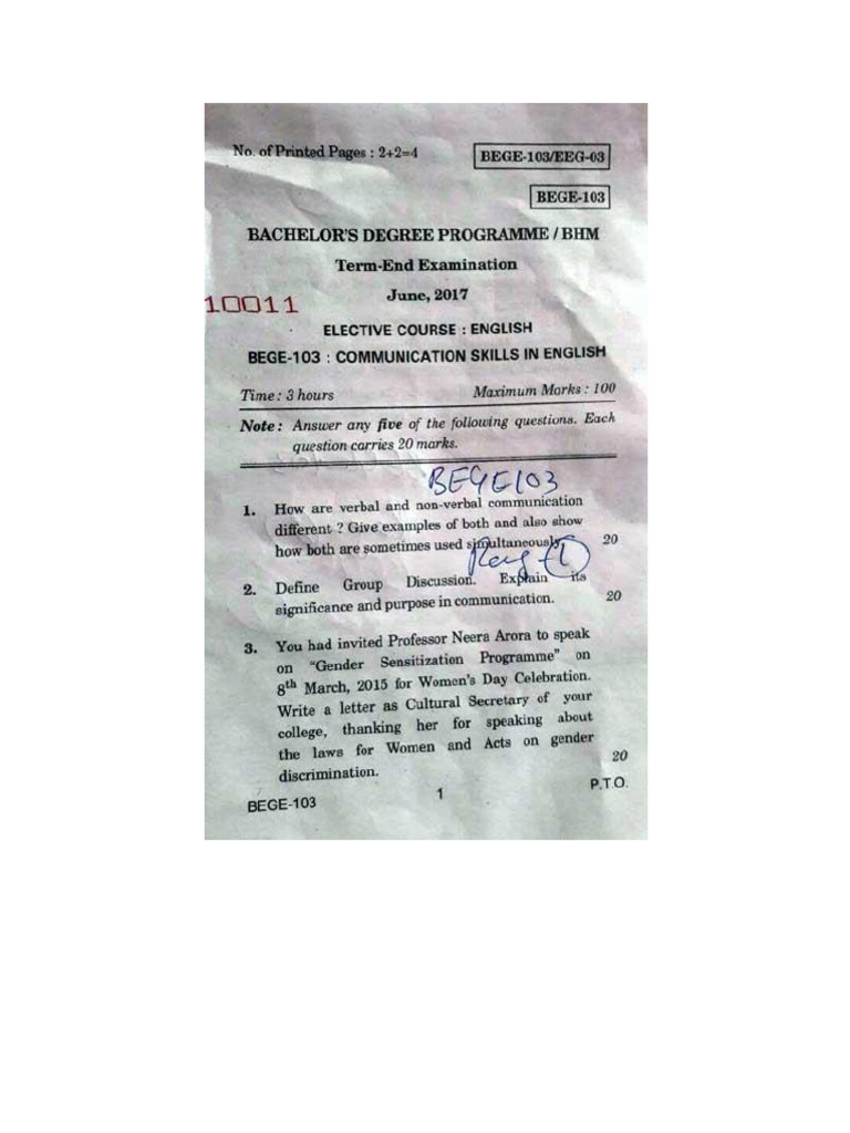 Ignou BEGE 103 Question Paper June 2017 | PDF