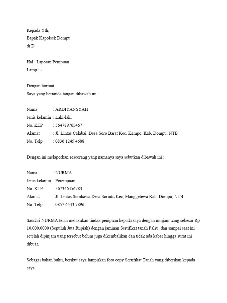 Surat Laporan Pengaduan Polisi | PDF