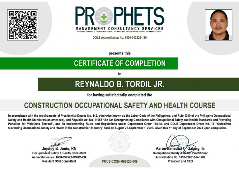 PMCS-COSH-092023-009 Reynaldo B. Tordil Jr. | PDF