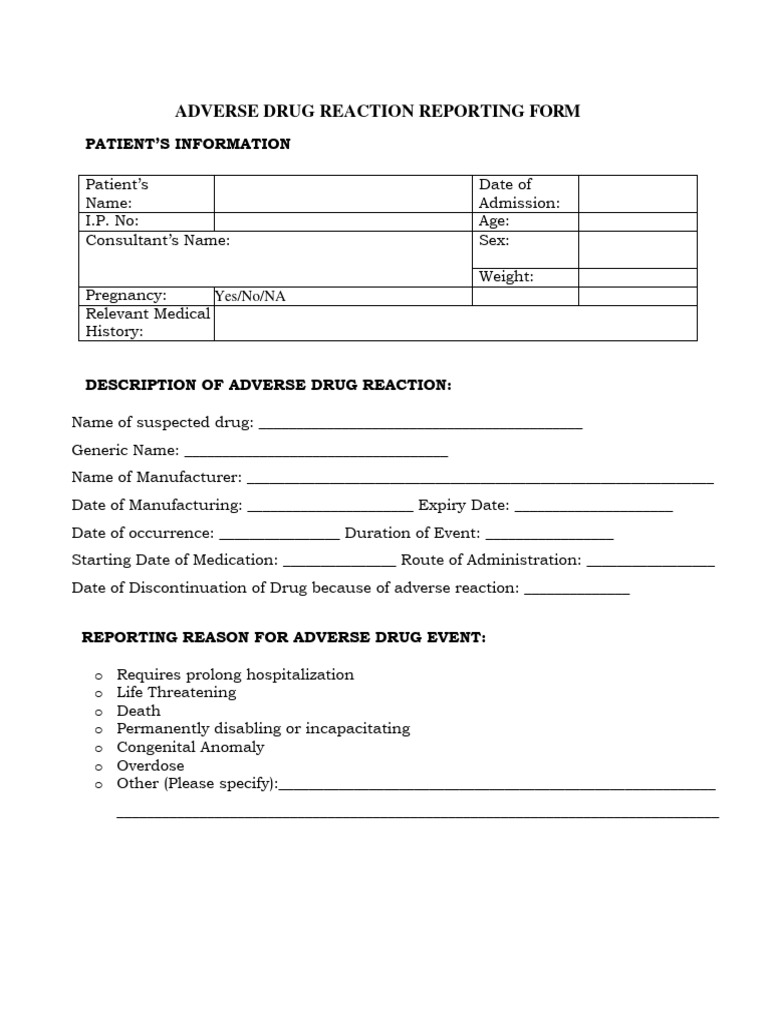 Adverse Drug Reaction Form | PDF