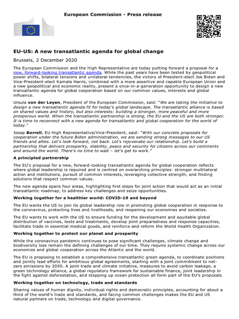 EU-US A New Transatlantic Agenda For Global Change | Download Free PDF | European Union ...