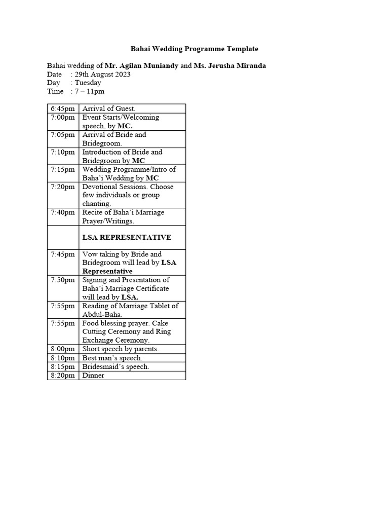 Bahai Wedding Programme Sample | PDF