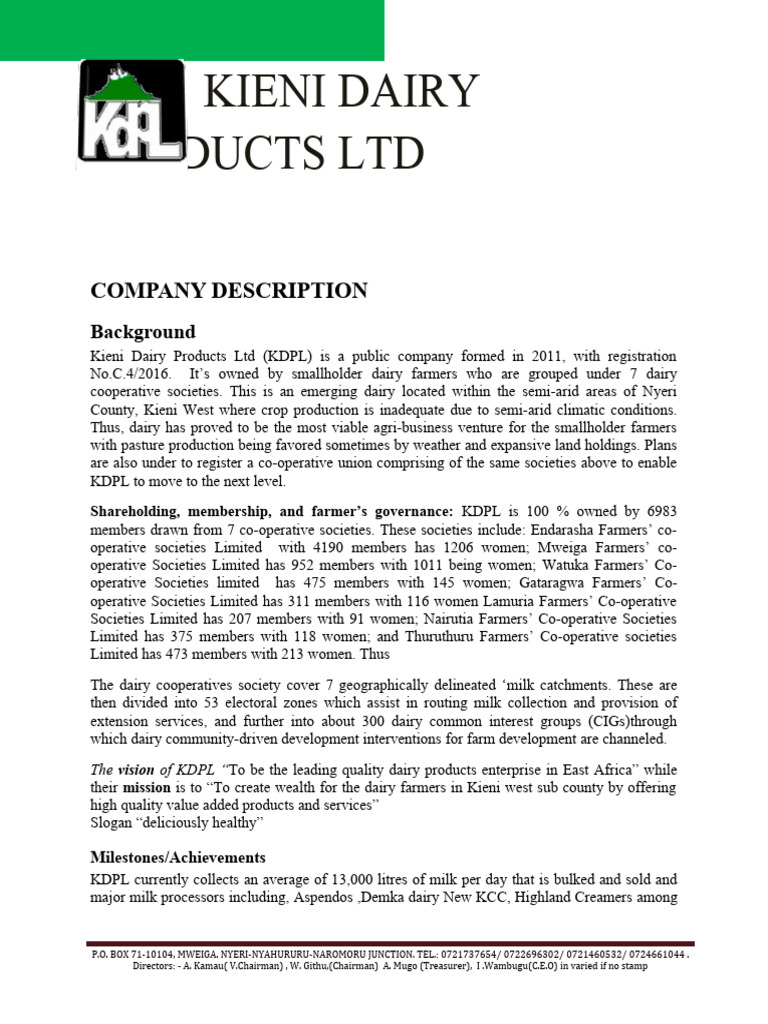 Kieni Dairy Products Ltd Overview | PDF | Cooperative | Milk