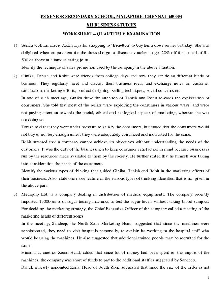 Xii BS Worksheet - Quarterly | PDF