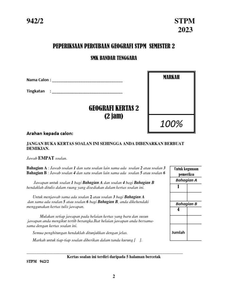 Peperiksaan Percubaan Geografi STPM 2023 | PDF