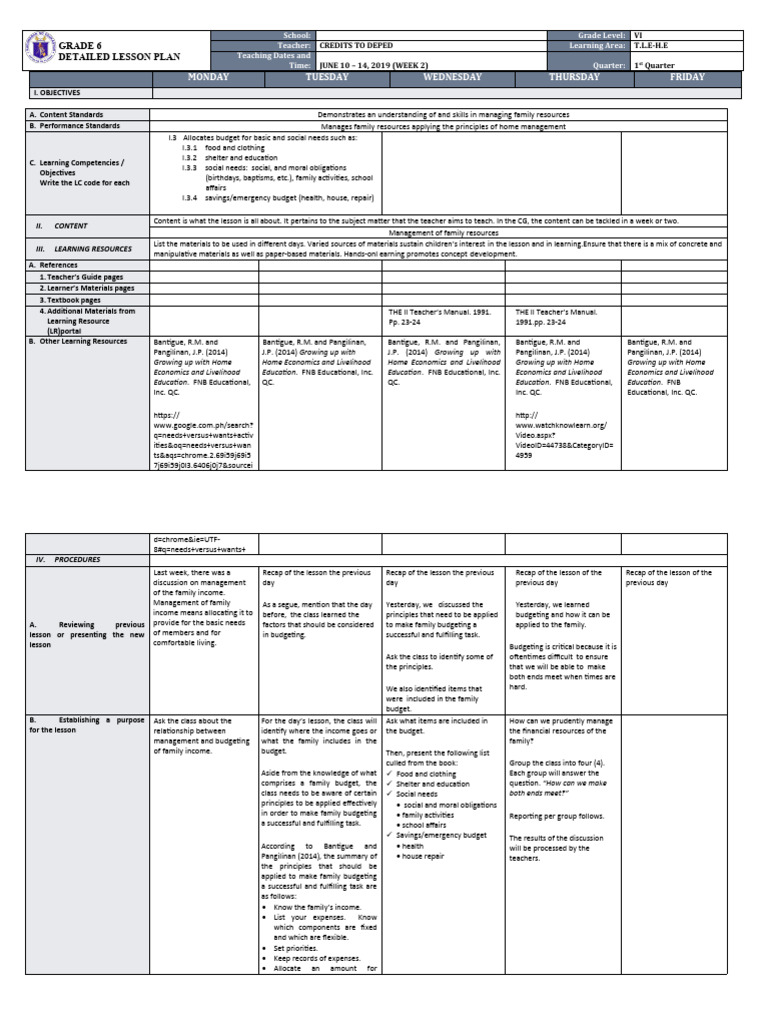 Grade 6 Family Budgeting Lesson | PDF | Learning | Behavior Modification