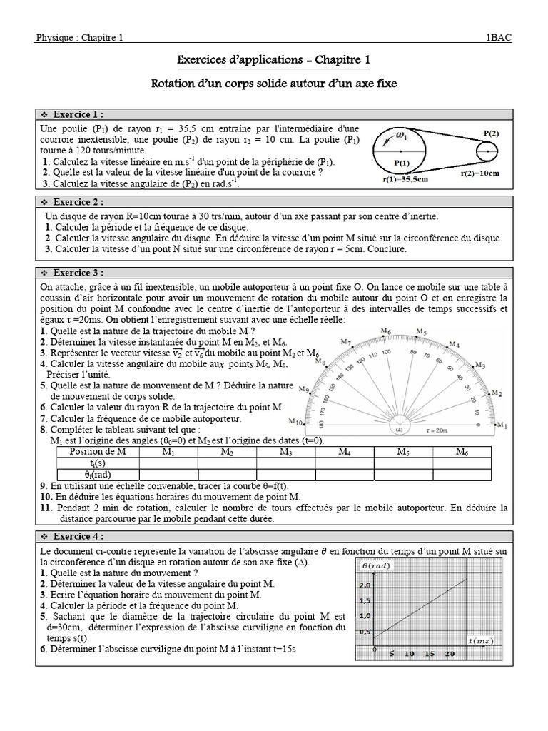 Exercices de Vitesse Angulaire 1BAC | PDF | Mouvement de rotation | Vitesse