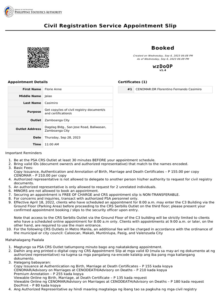 Civil Registration Service Appointment Slip | PDF