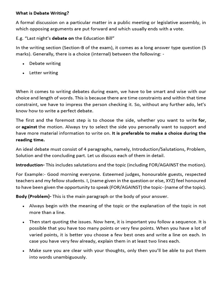 Debate Writing - Class XI | PDF