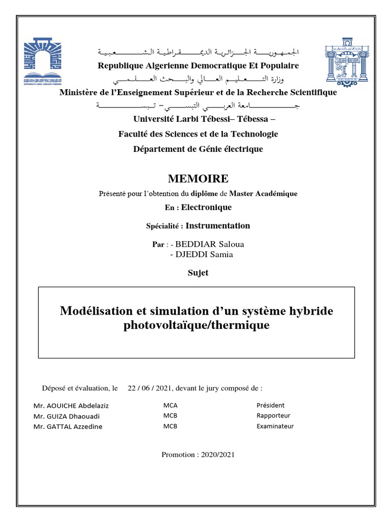 Modélisation Et Simulation D'un Système Hybride Photovoltaïquethermique ...