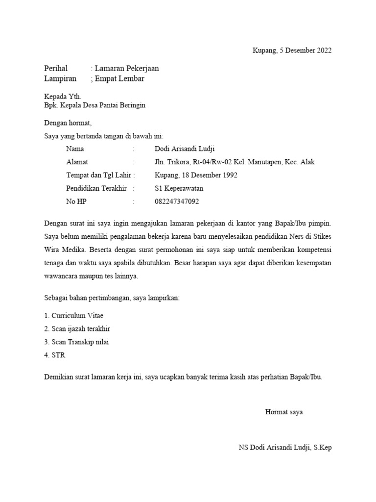 Lamaran Kerja Dodi Arisandi di Desa Pantai Beringin | PDF
