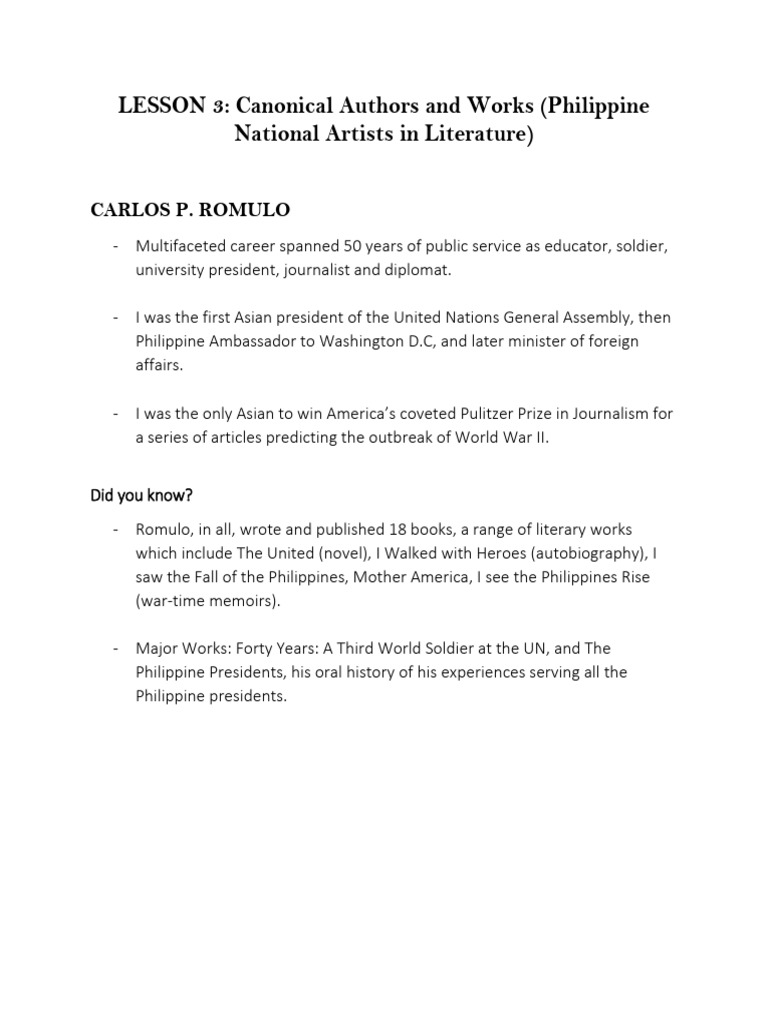 LESSON 3 Canonical Authors and Works (Philippine National Artists in ...