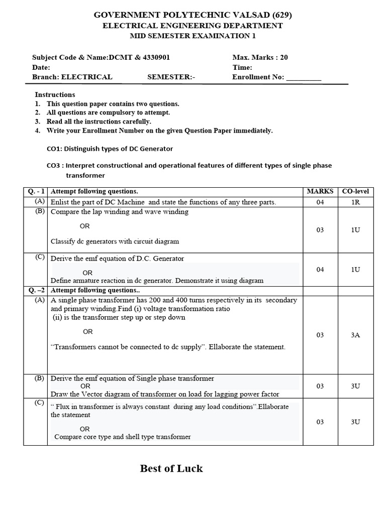 MID EXAM QUESTION PAPER fFORMAT - 2 | PDF | Transformer | Electrodynamics