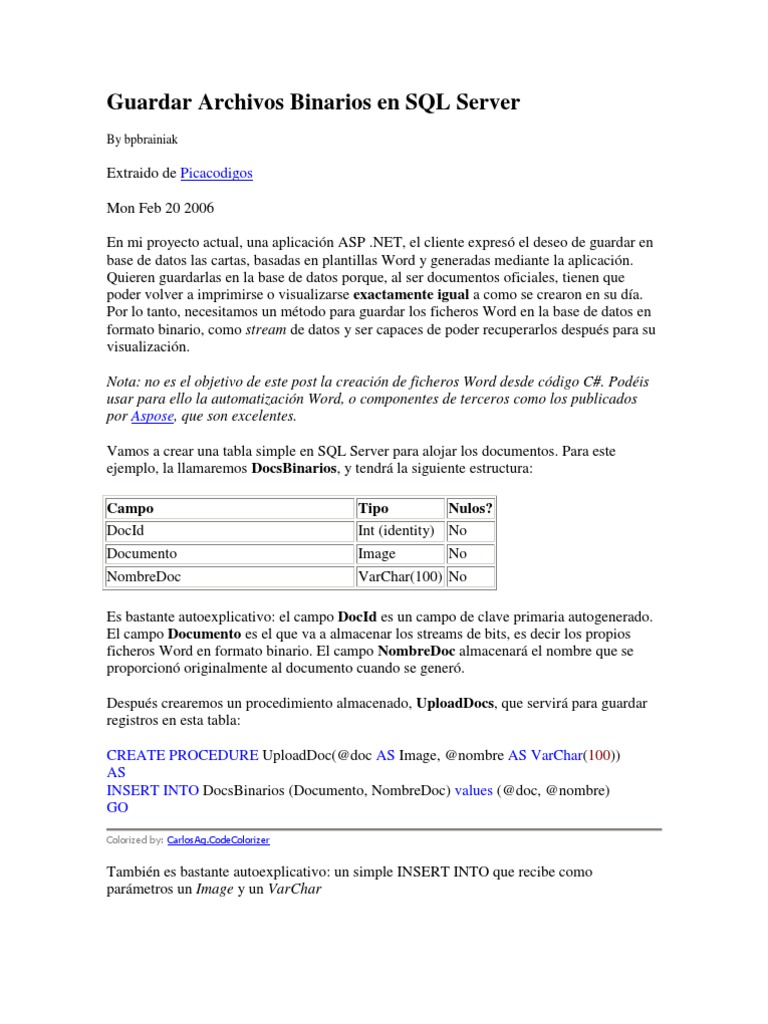 Guardar Word en SQL Server | PDF | Servidor SQL de Microsoft | Archivo ...