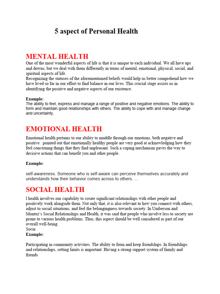 5 Aspect of Personal Health | PDF | Mental Health | Behavioural Sciences