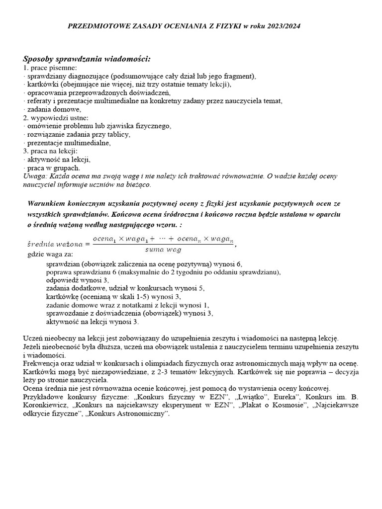 Ocena Z Fizyki EZN PZO 2023-2024 | PDF