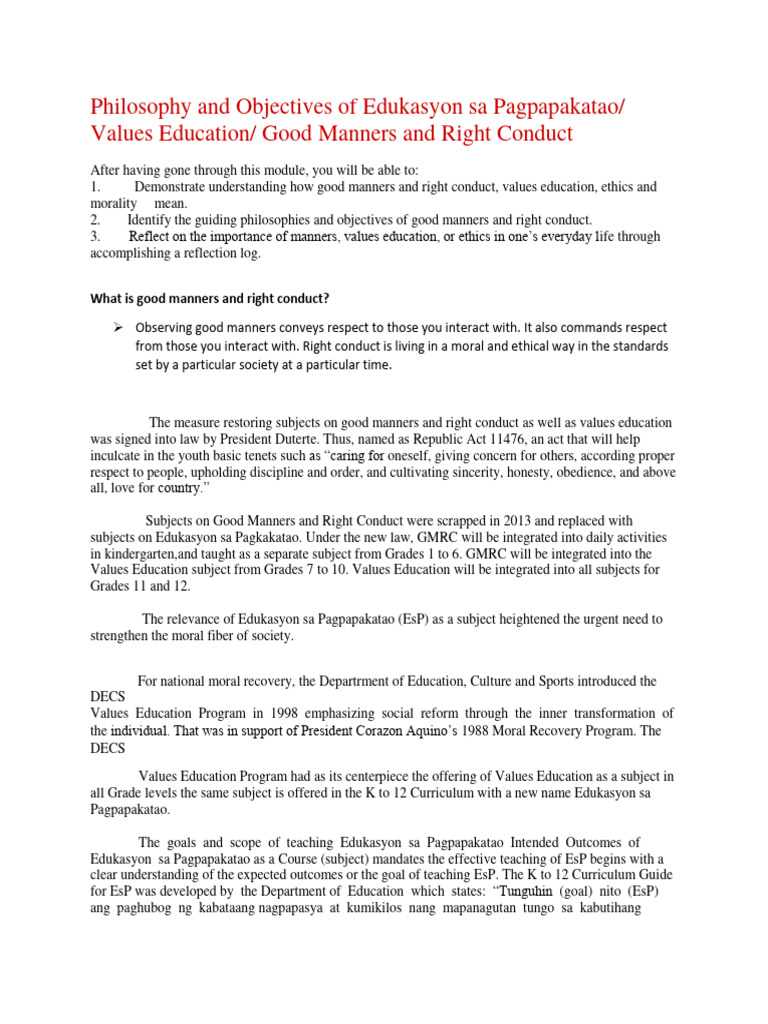 Philosophy and Objectives of Edukasyon Sa Pagpapakatao | PDF | Etiquette | Morality