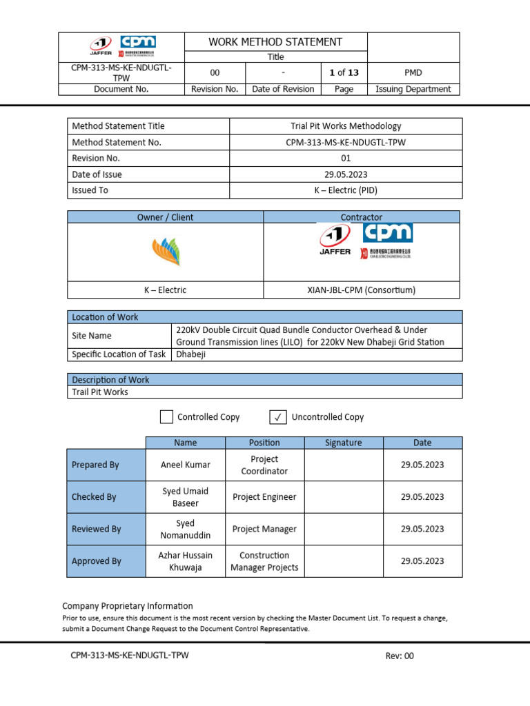 Method Statement Trial Pit Works - Rev.00 | PDF | Personal Protective ...