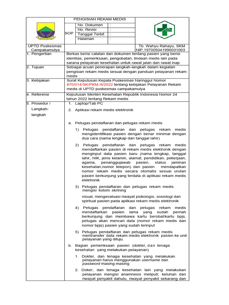 Sop Pengisian Rekam Medis Rme | PDF