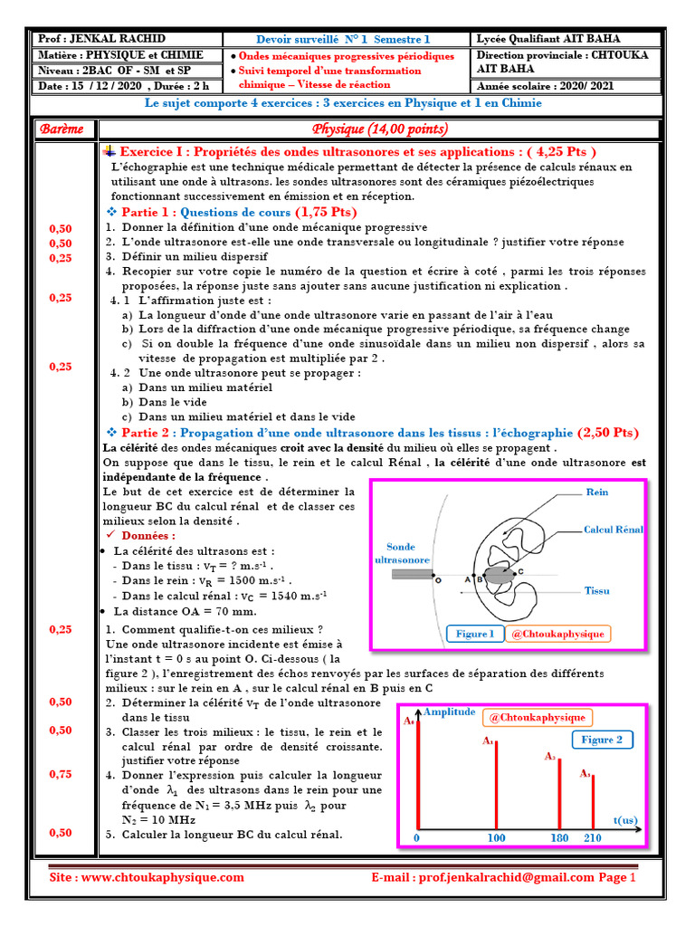 Devoir Surveillé #1 Semestre 1, 2BAC BIOF, SM, 2020-2021, PR JENKAL RACHID | PDF | Vagues | Ultrason