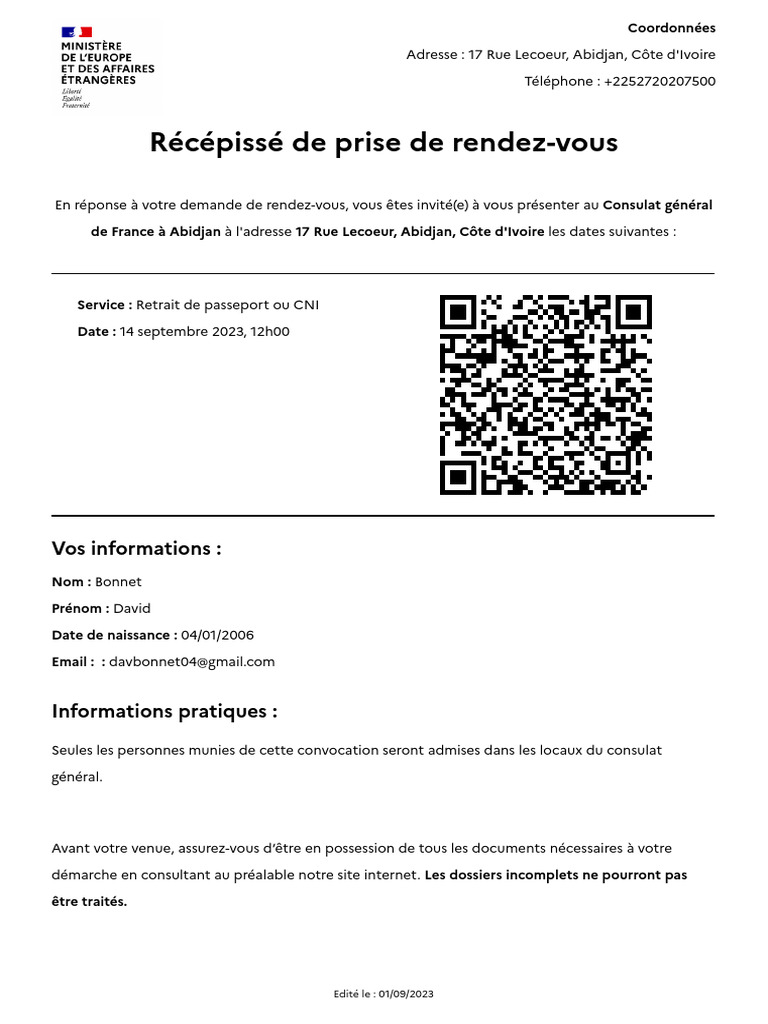 Rendez-vous au Consulat de France Abidjan | PDF