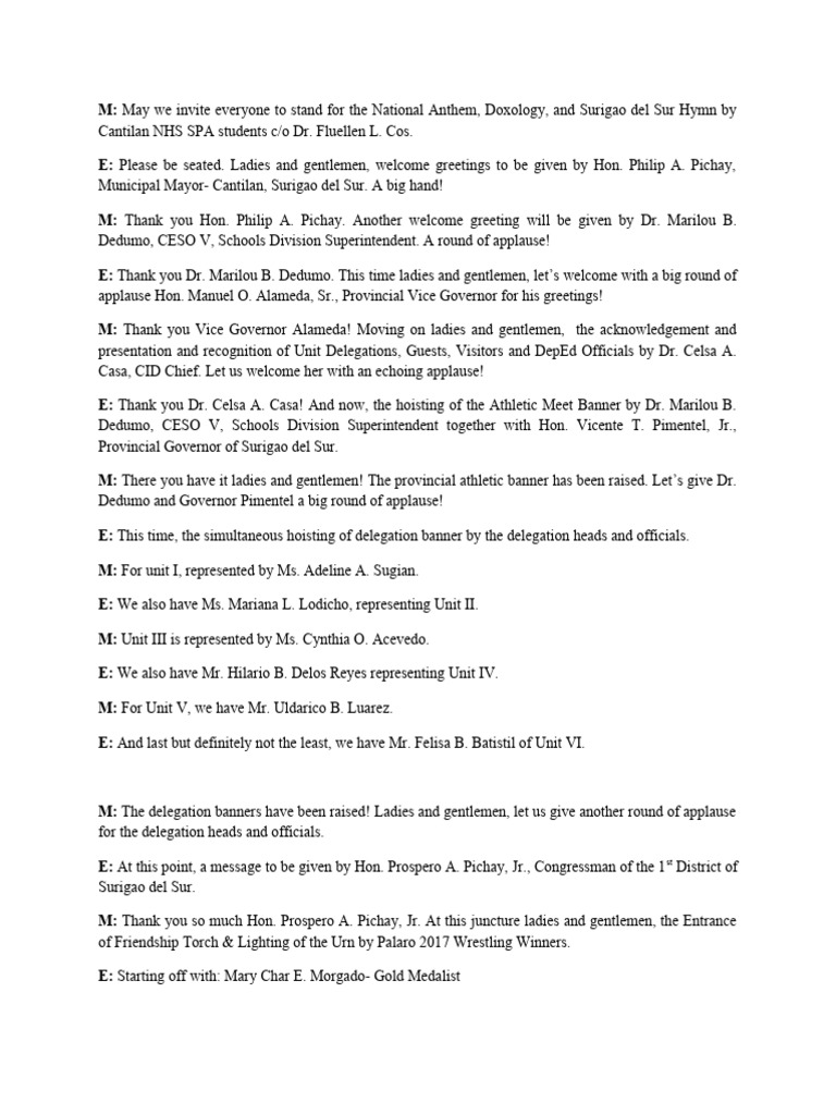 Script For Provincial Meet 2k17 - 110048 | PDF