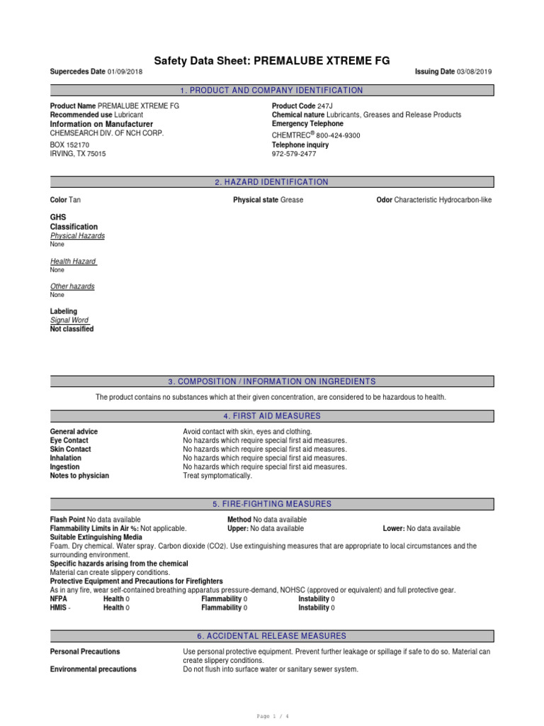 Chemsearch Premalube Xtreme FG Sds | PDF | Personal Protective ...