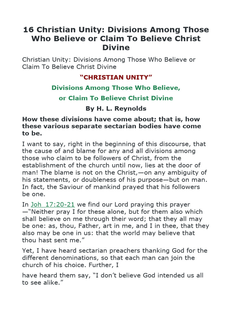 16 Christian Unity Divisions Among Those Who Believe or Claim To ...