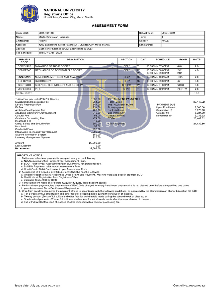 Student Fee Assessment 2023-2024 | PDF | Payments | Fee