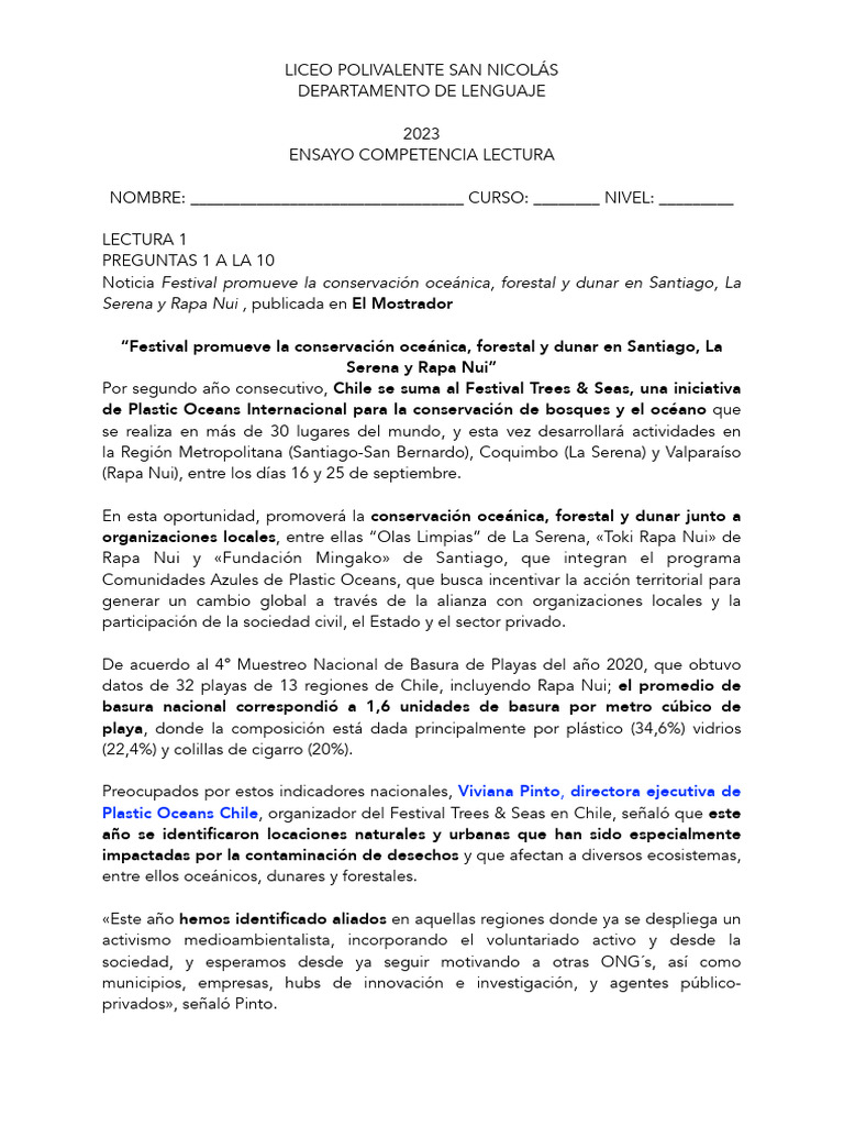 PAUTA - Ensayo Competencia Lectora - CL 824 | PDF