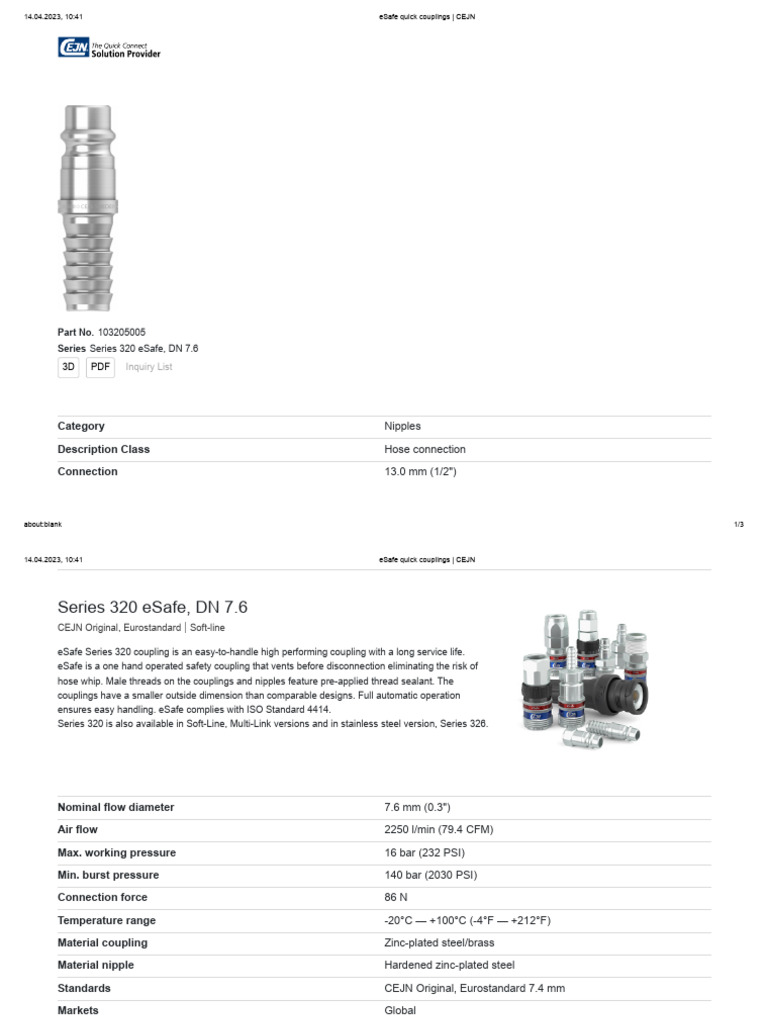 eSafe Series 320 Quick Couplings | PDF | Mechanical Engineering | Equipment