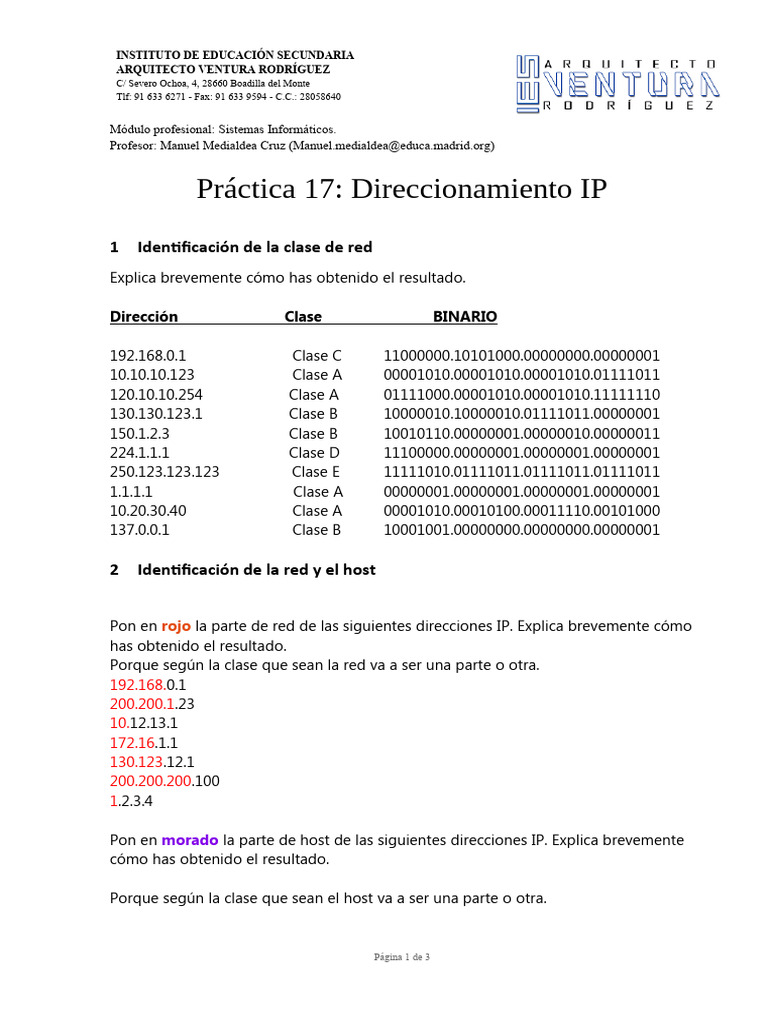 Práctica 17. Direccionamiento IP | PDF | Dirección IP | Telecomunicaciones