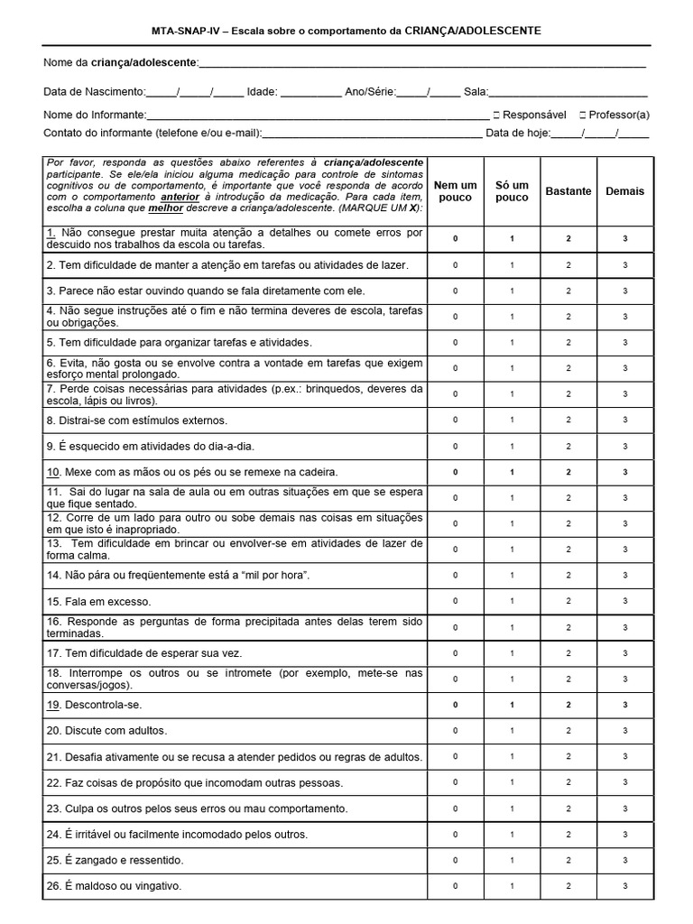 Escala MTA-SNAP-IV para Crianças e Adolescentes | PDF | Adolescência