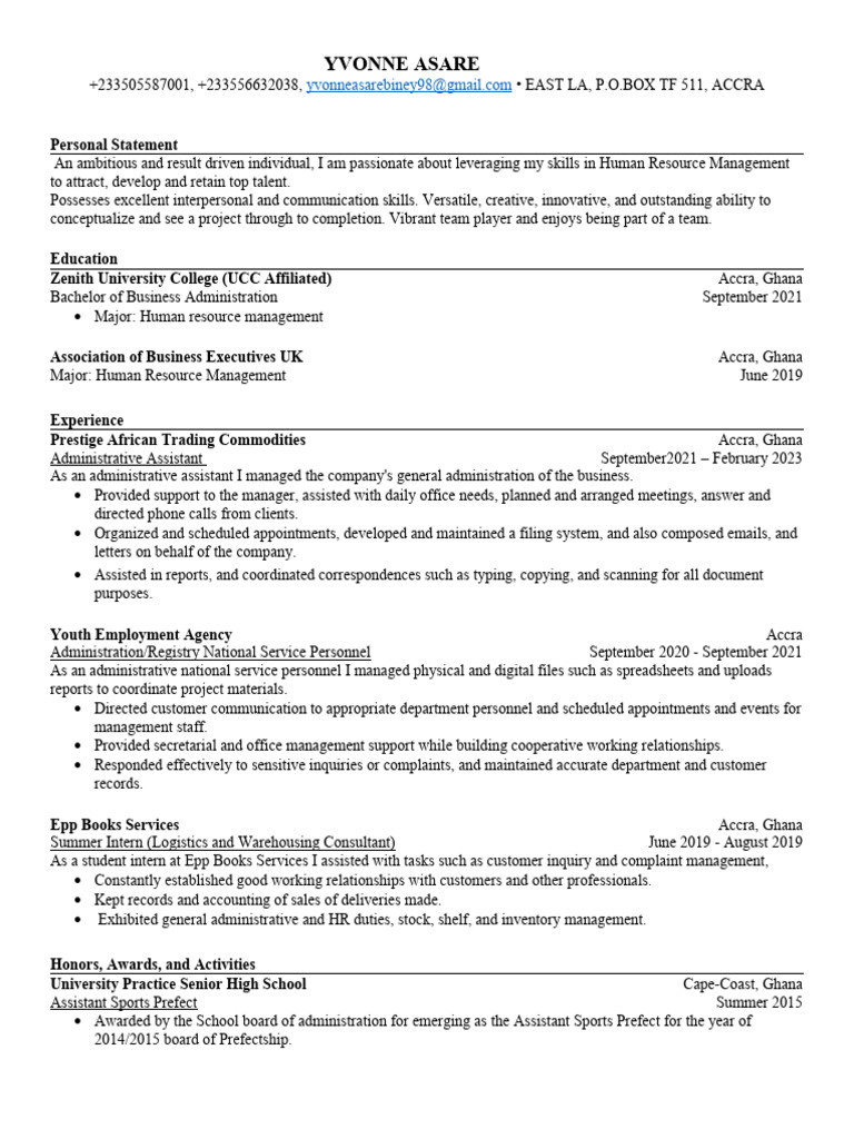 Yvonne Asare Resume PDF | PDF | Human Resource Management | Business