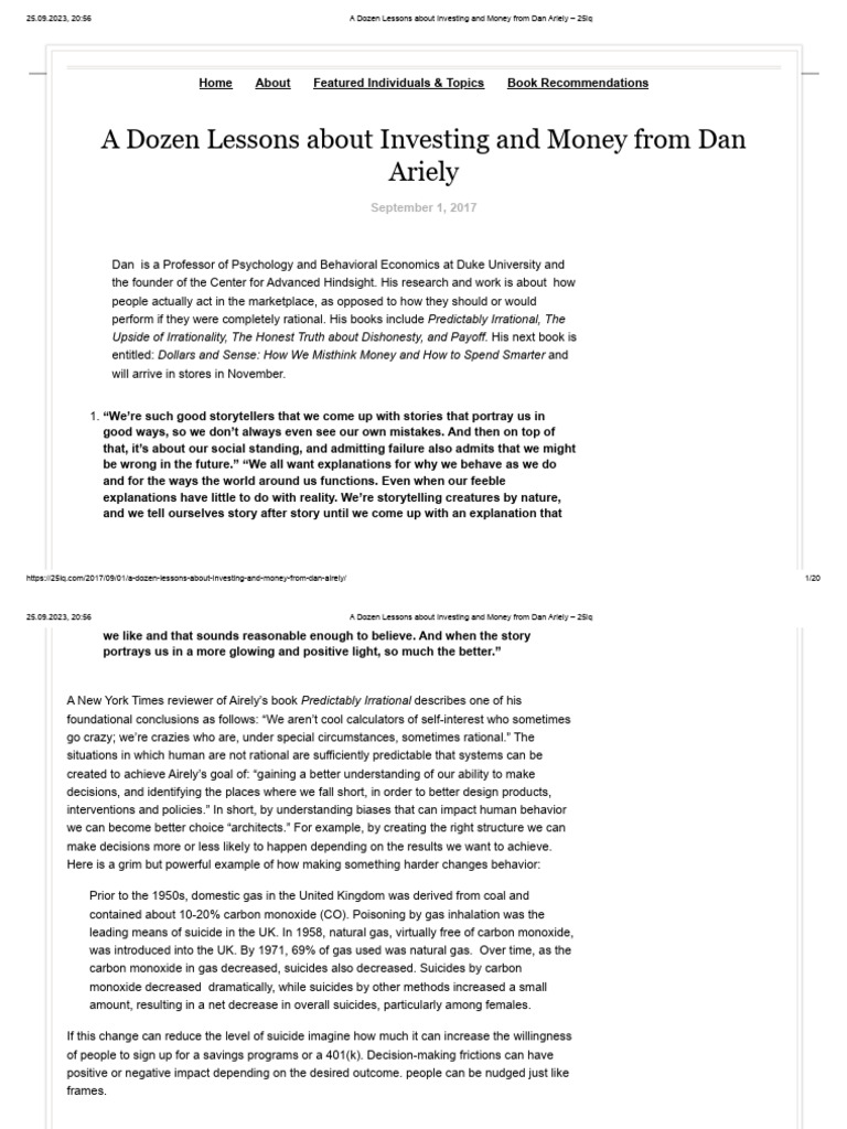 A Dozen Lessons About Investing and Money From Dan Ariely - 25iq | PDF ...