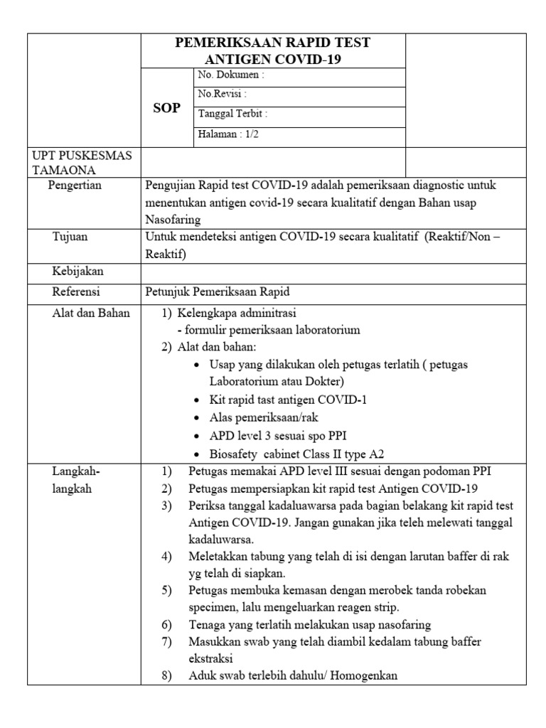 SOP Pemeriksaan Rapid Antigen | PDF