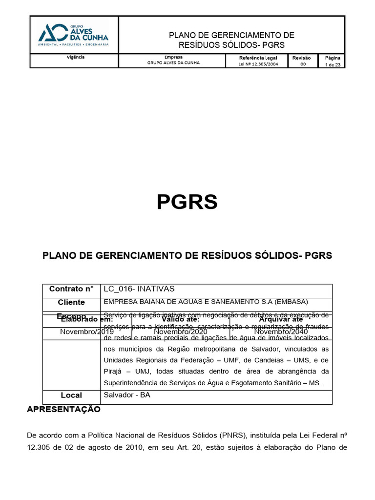 PGRS - Plano de Gerenciamento de Resíduos | PDF | Desperdício | Resíduos sólidos do município