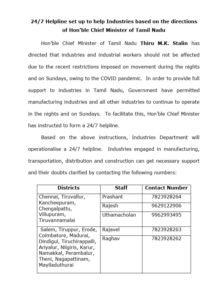 24/7 Helpline for Tamil Nadu Industries | PDF