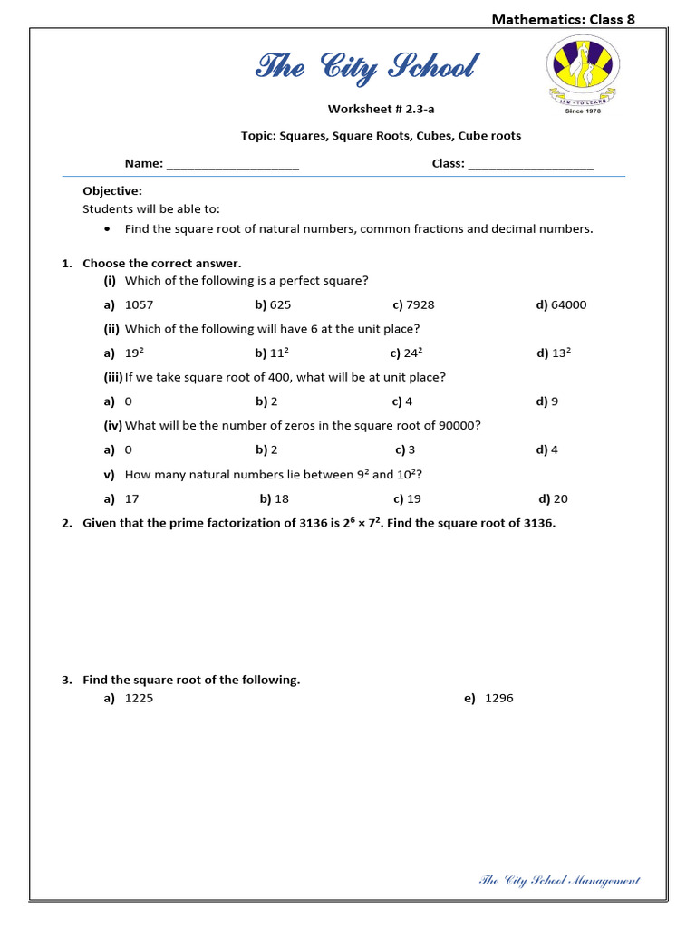 Class 8 Math: Squares & Roots Worksheet | PDF