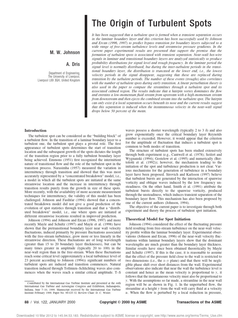 Johnson, Dris - 2000 - The Origin of Turbulent Spots | PDF | Boundary Layer | Turbulence
