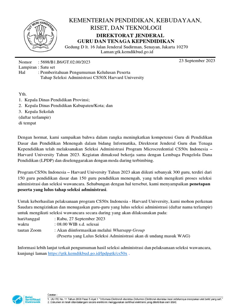 Surat Pengumuman Lulus Seleksi Administrasi CS50X Harvard University ...