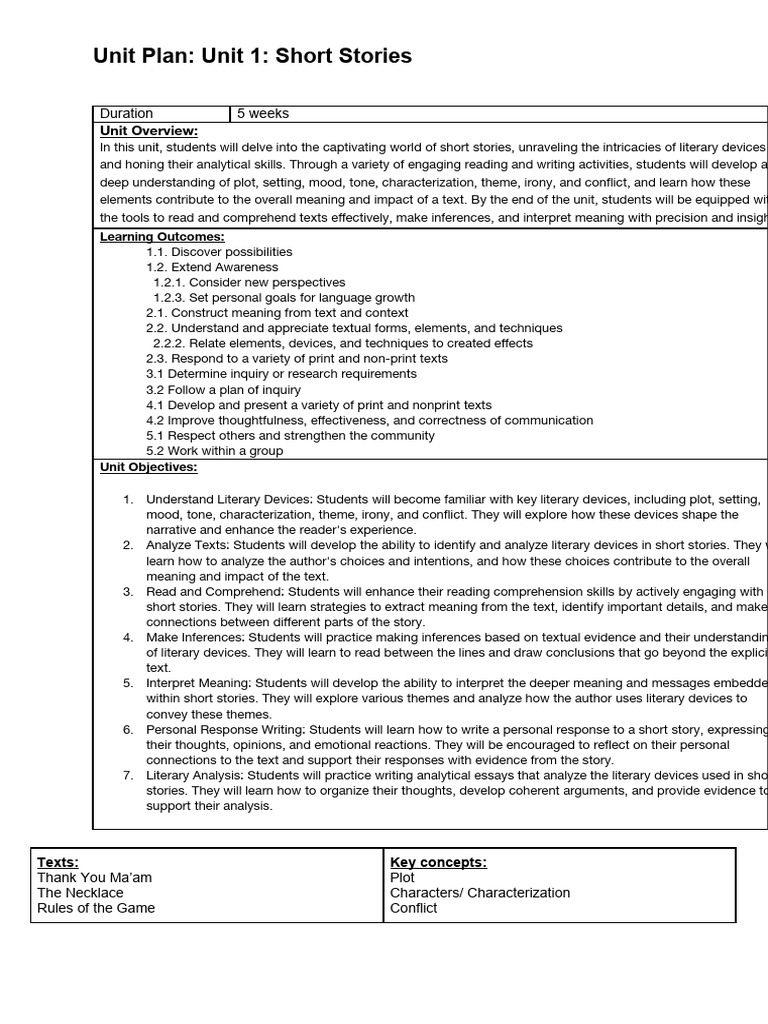 ELA 10-1 Unit 1 Plan | PDF | Reading Comprehension | Essays