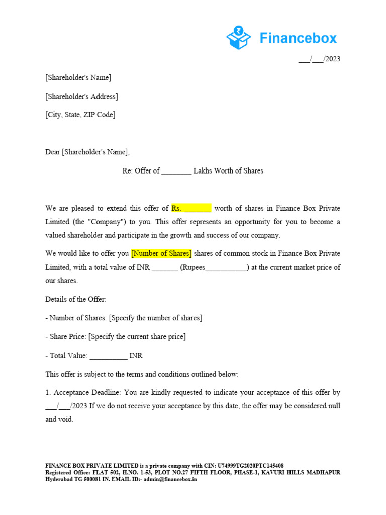Offer Letter For Shareholder | PDF | Share (Finance) | Private Law