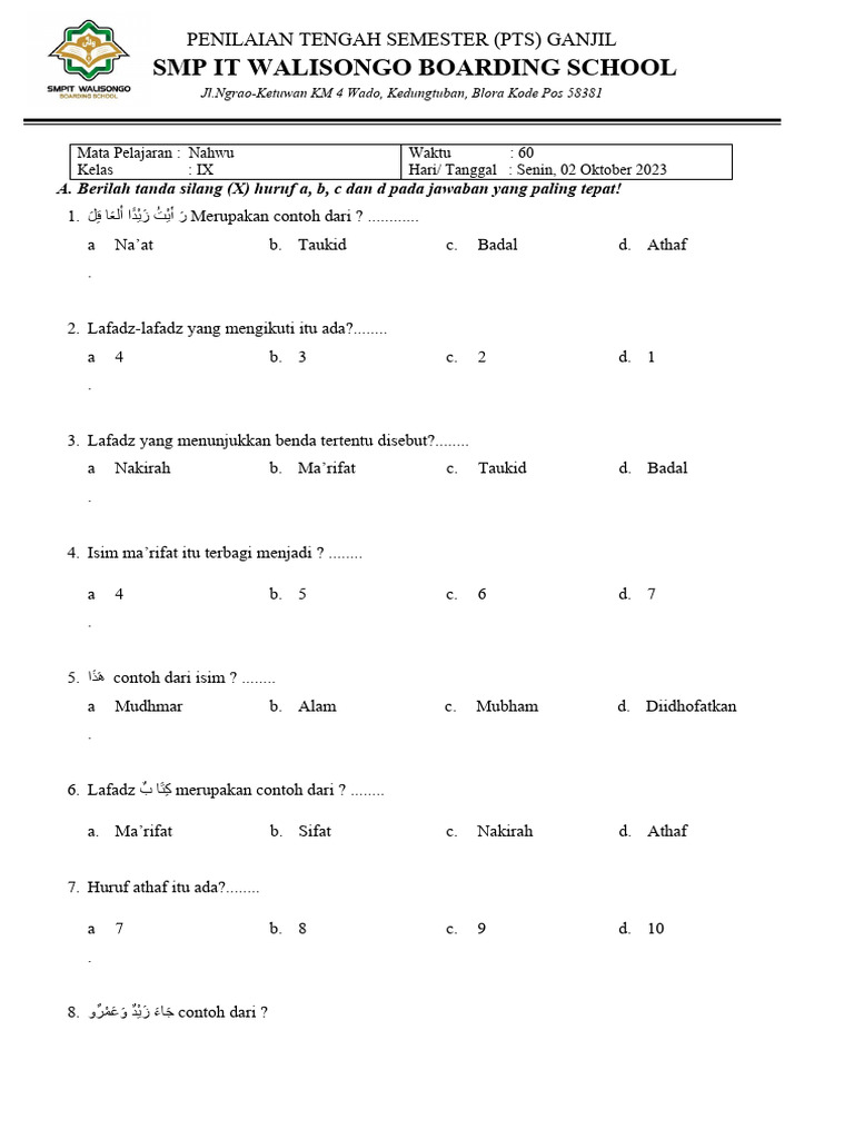 Soal Nahwu Kelas 9 | PDF | Seni & Disiplin Bahasa
