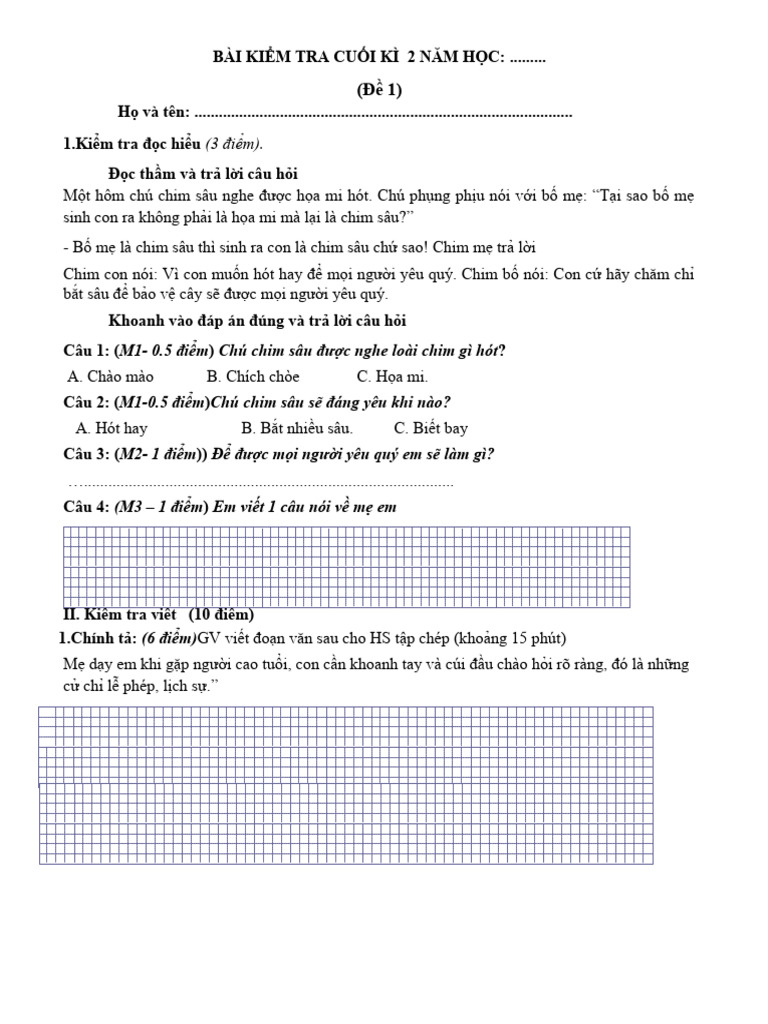 15 de Thi Hoc Ki 2 Lop 1 Mon Tieng Viet | PDF