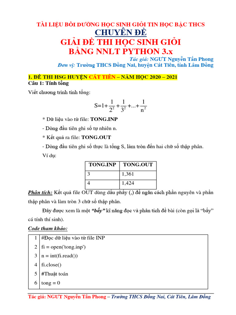 Chuyen de Giai de Thi Hoc Sinh Gioi Tin THCS Bang Python | PDF